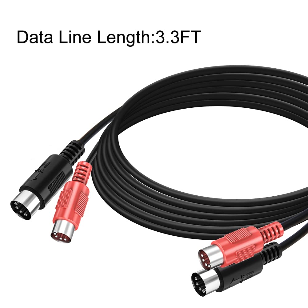 Dual MIDI Cable, Ancable DIN to Male to Male for Carrying a Serial Digital Signal, 3.3 Feet with Molded Connector Shells(Black & Red)