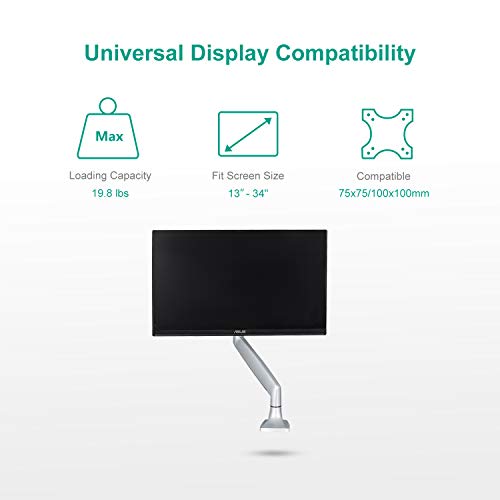 EleTab Single Monitor Arm Stand Full Motion Height Adjustable Monitor Desk Mount Fits for Computer Screen 13 to 34 inches, Hold up to 19.8 lbs