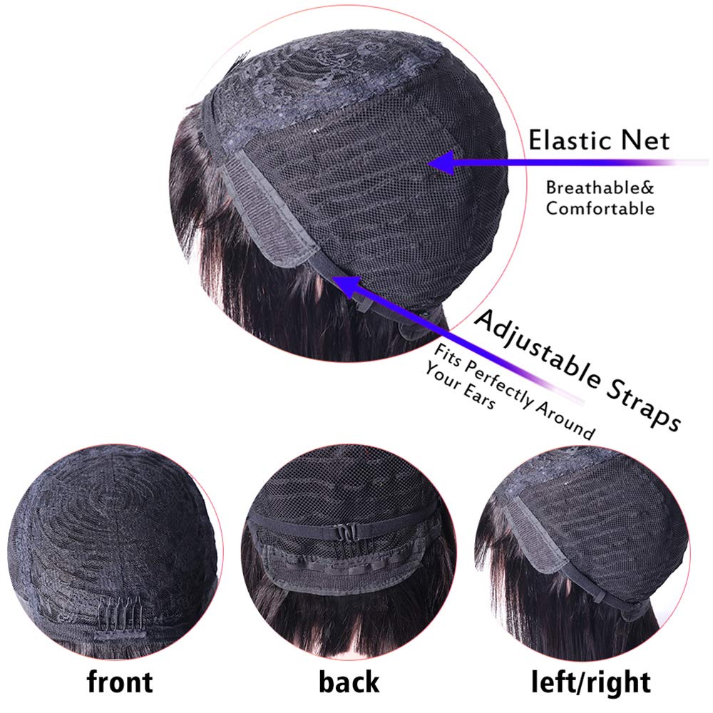 Lzlefho Silky Brazilian Virgin Straight Human Hair Wigs with Bangs 130% Density None Lace Front Wigs (Natural Black, 16inch)
