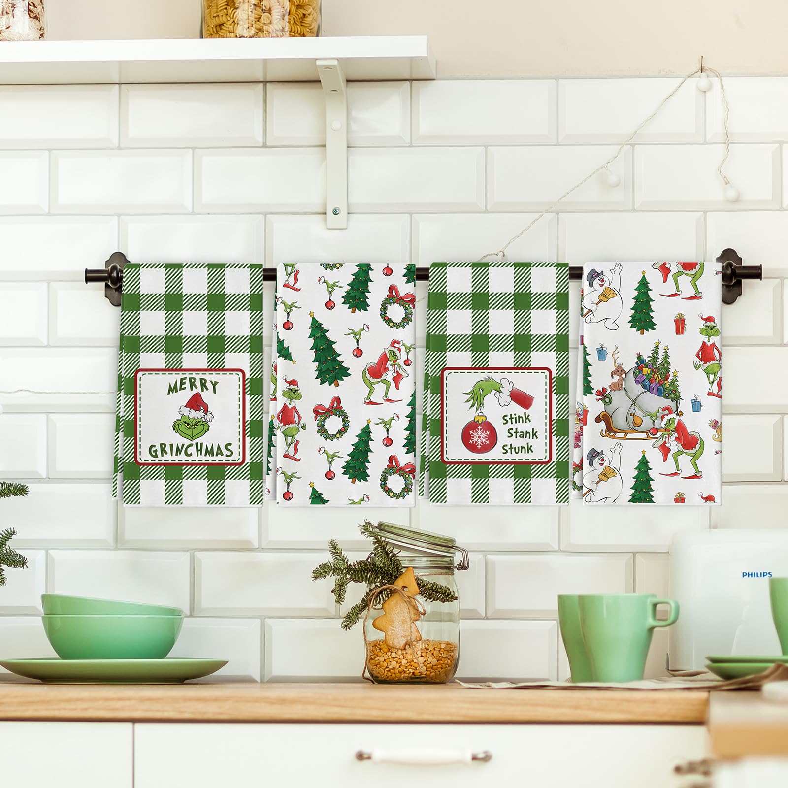 AnyDesign Christmas Kitchen Towel Green White Buffalo Plaids Dish Towel 28 x 18 Inch Funny Cartoon Character Tea Towel Xmas Decorative Hand Drying Towel for Kitchen Cooking Baking, 4 Pack