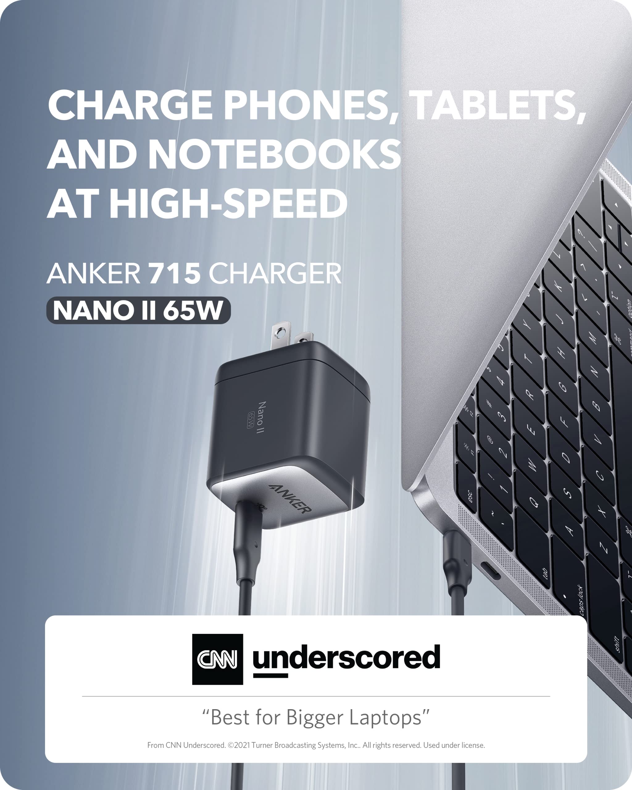 Anker 543 USB C to USB C Cable (100W 6ft), USB 2.0 Bio-Based Charging Cable & Anker USB C Charger, 715 Charger (Nano II 65W), GaN II PPS Fast Compact Foldable Charger (Phantom Black)