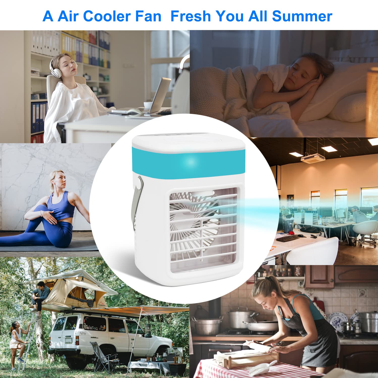 Houselyla Portable Air Conditioner Fan, Cooling Desk Fan Humidifier with 3-speed, Rechargeable Protable Fan 7 Colors and Misting Fast Cooling Desktop Fan for Home, Room, Office