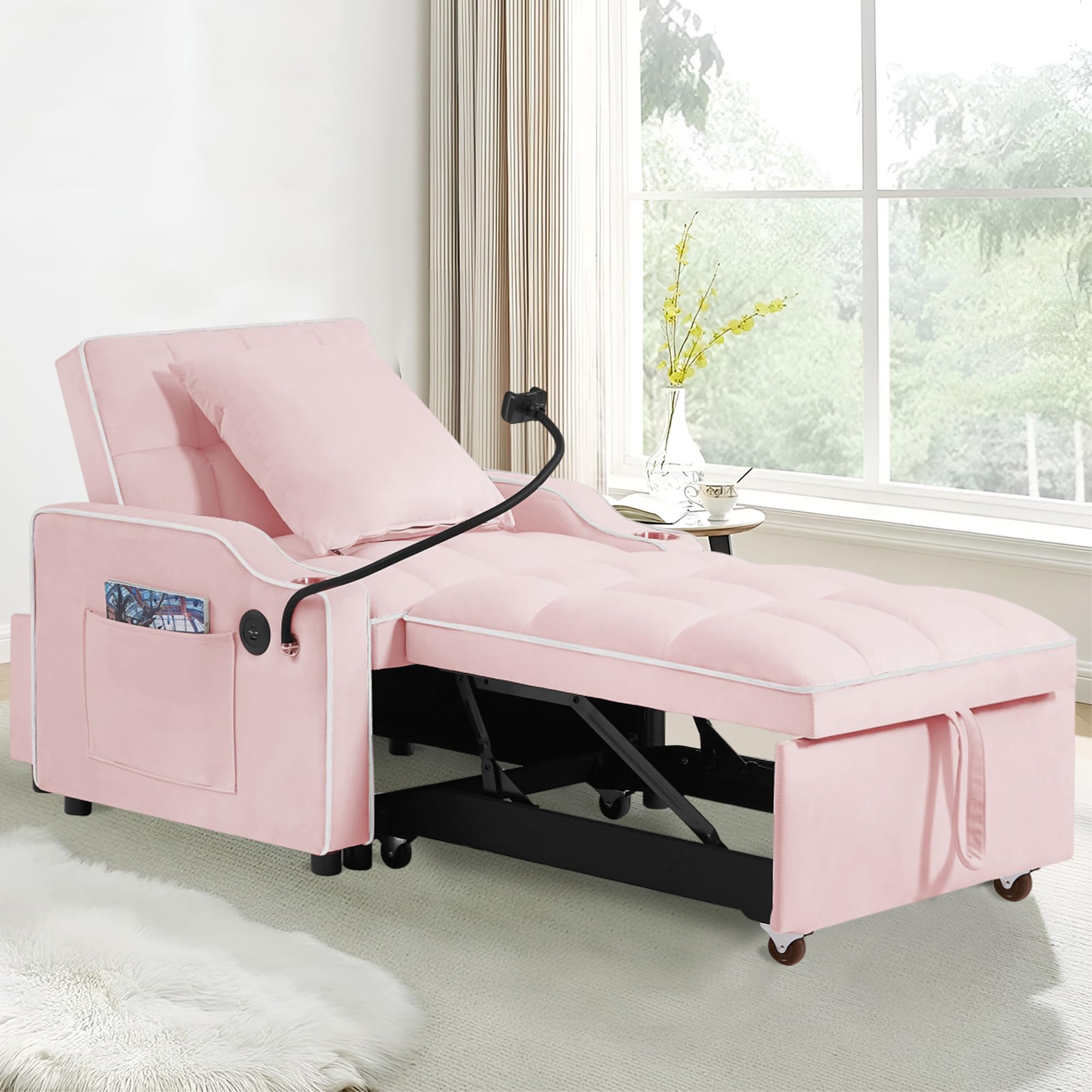 SPOWAY 3 in 1 Sleeper Sofa Couch Bed, Velvet Convertible Single Sleeper Sofa with USB Port and Ashtray and Swivel Phone Stand, Storage Pockets, Pull Out Single Sleeper for Living Room, Pink