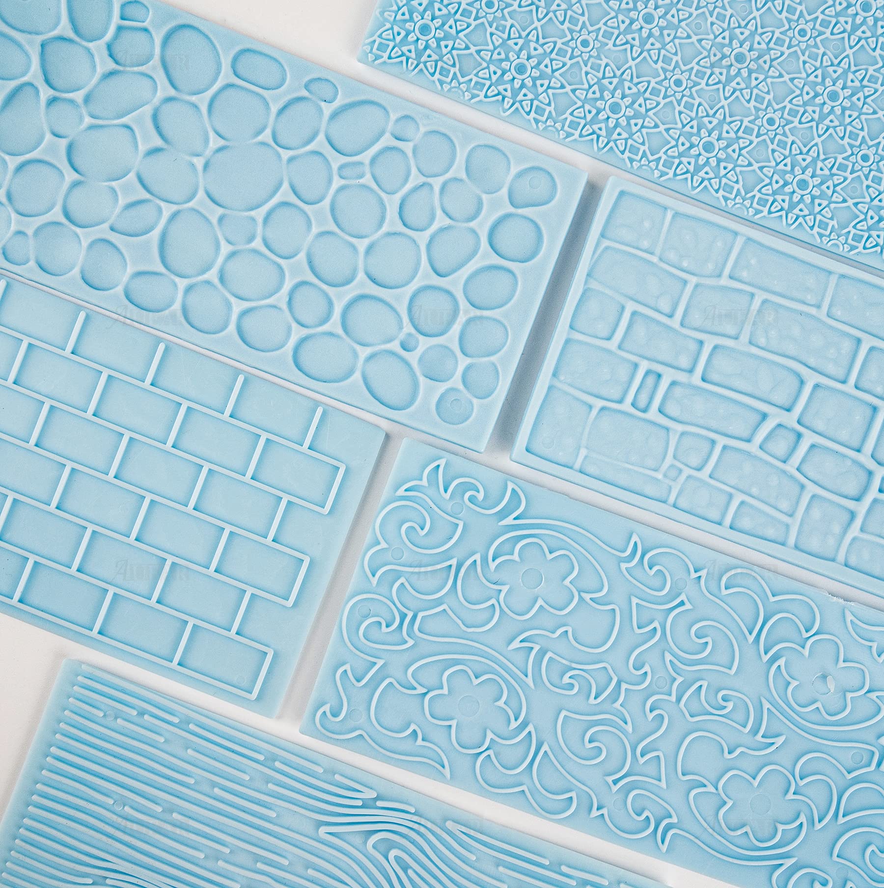 AUEAR, 6 Pack Fondant Impression Mat Mold Set Brick Wall Flower Cobblestone Embossed Tree Bark Stone Wall Texture Design for Cupcake Biscuits Top Edging Decoration