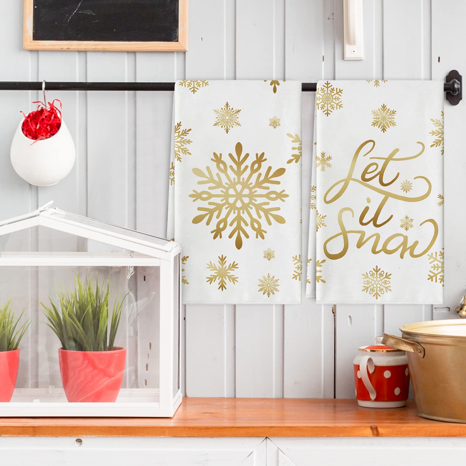 AnyDesign Christmas Kitchen Towel Gold Snowflake Reindeer Dish Towel 18 x 28 Inch Let It Snow Hand Drying Tea Towel for Cooking Baking, Set of 4