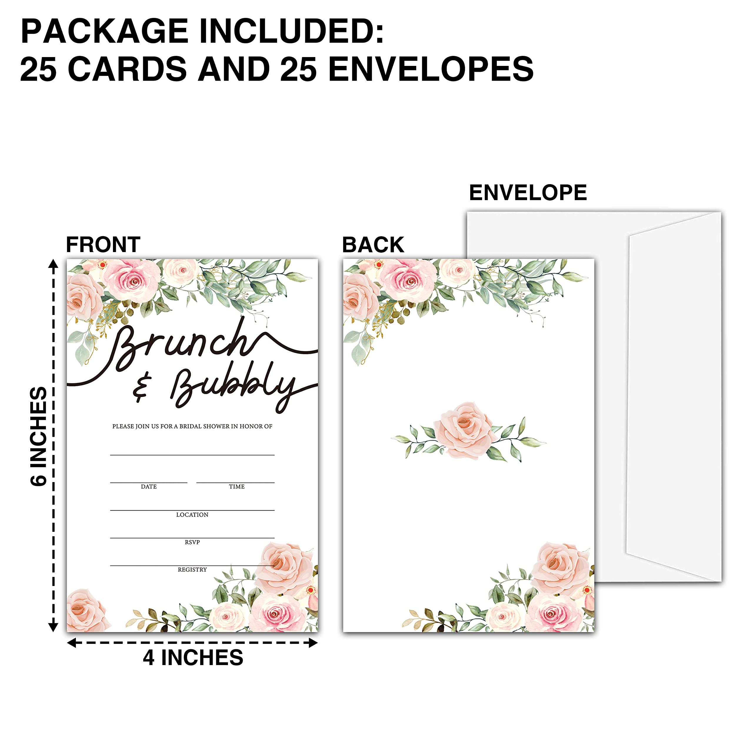 Boho Floral Greenery Brunch & Bubbly Invitations with Envelopes for All Occasions, 25 Pcs Champagne Brunch Blank Fill-in Invites for Bridal Shower, Wedding Reception, Engagement Party(04)