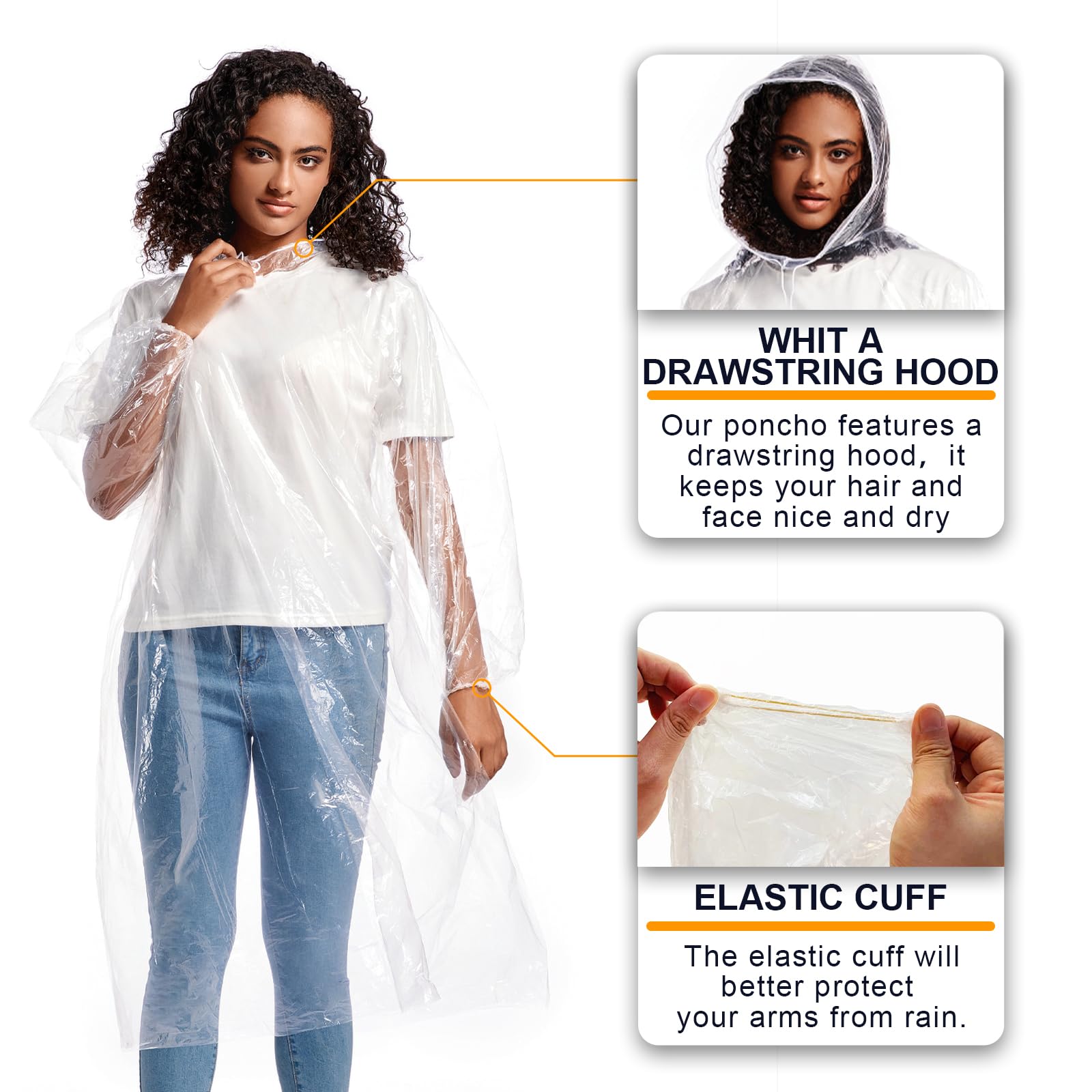 ALBRY Disposable Rain Ponchos for Adults with Drawstring Hood - Emergency Rain Ponchos Family Pack for Women and Men,Clear