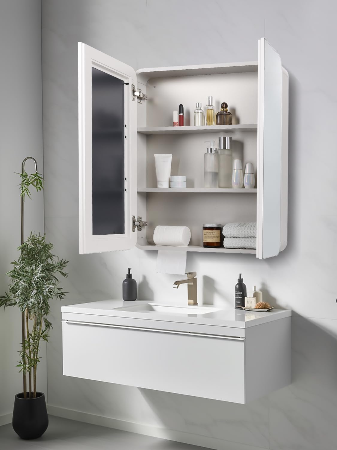 Avidanza Medicine Cabinets with Mirror for Bathroom, 24 Inch Surface Wall Mounted Bathroom Mirror with Storage, Stainless Steel Framed Beveled Mirror, with Double Door and 3 Tier, Grey