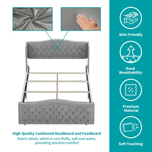BALUS King Wingback Bed Frame with Headboard,Upholstered Platform Bed Frame Dutch Velvet Upholstered Bed,Modern Design,Available in 3 Sizes and 3 Colors Panel Bed Frame (Silver Gray)