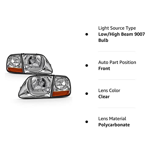 ACANII - For Chrome 1997-2003 Ford F150 Expedition Lightning Style Headlights w/Corner Signal Lights Lamps 4pcs Set