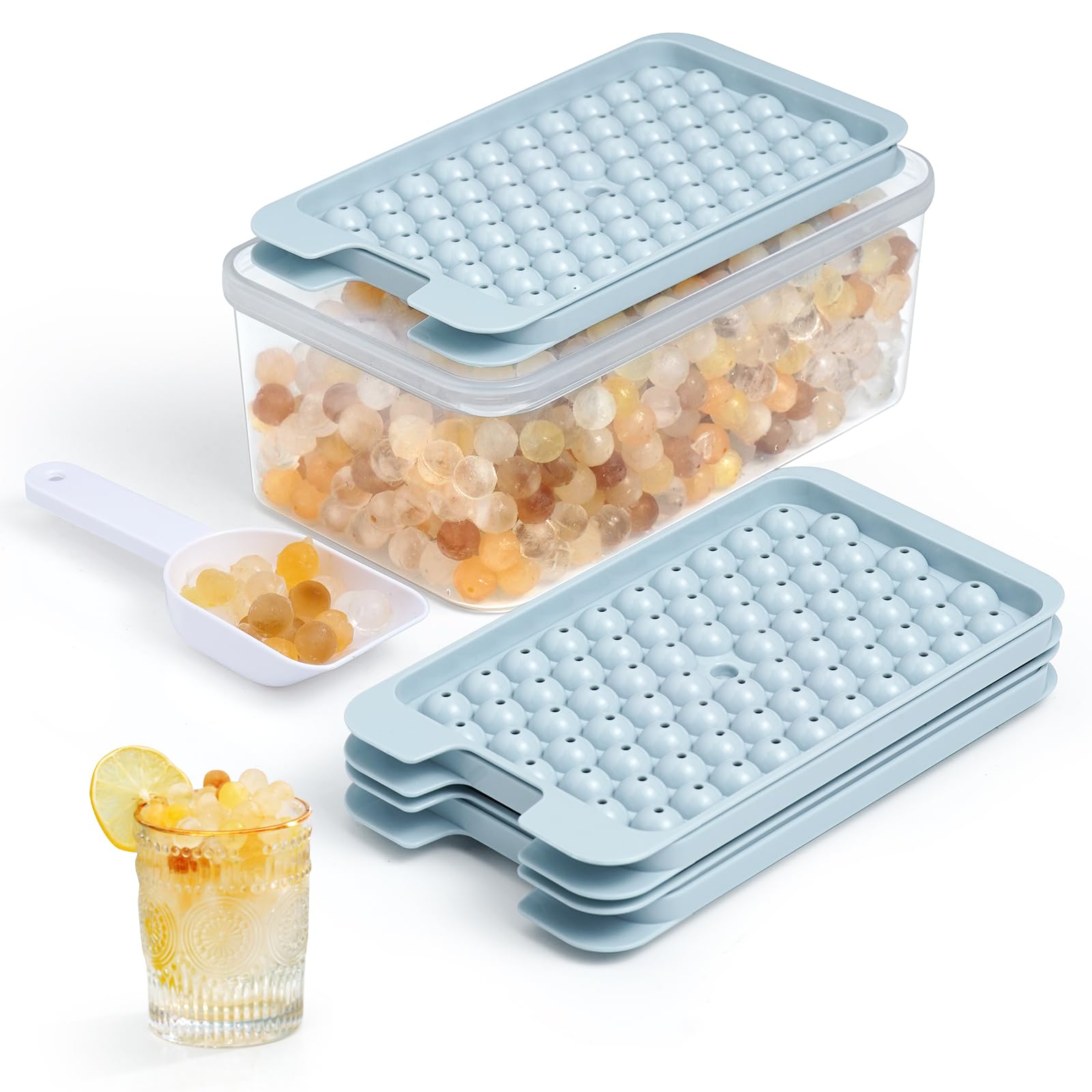 AMZHORSE Ice Cube Trays for Freezer AMZHORSE Round Small Ice Cube Trays Easy Release,72 * 3 pcs Mini Circular Ice Cube Trays with Lid & Bin for Chilling Drinks, BPA Free