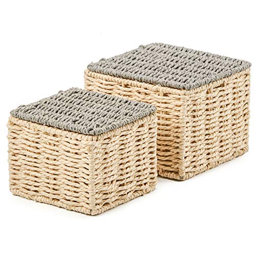 EZOWare Pack of 4 Paper Rope Wicker Storage Baskets with Lid, Lidded Woven Braided Organizer Cube Bins Boxes for Baby Kids Toy Nursery Room Home Closet - Beige and Gray