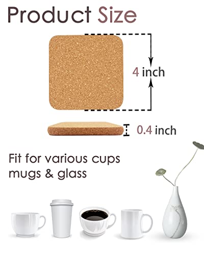 Cork Coasters for Drinks, 8 Pcs Square Extra Thick Absorbent Cork Coaster Sets, Round Edge Drink Coaster, Cup Coasters for Kinds of Cups, Housewarming Gifts, Home Decor, 4 x 4 Inches
