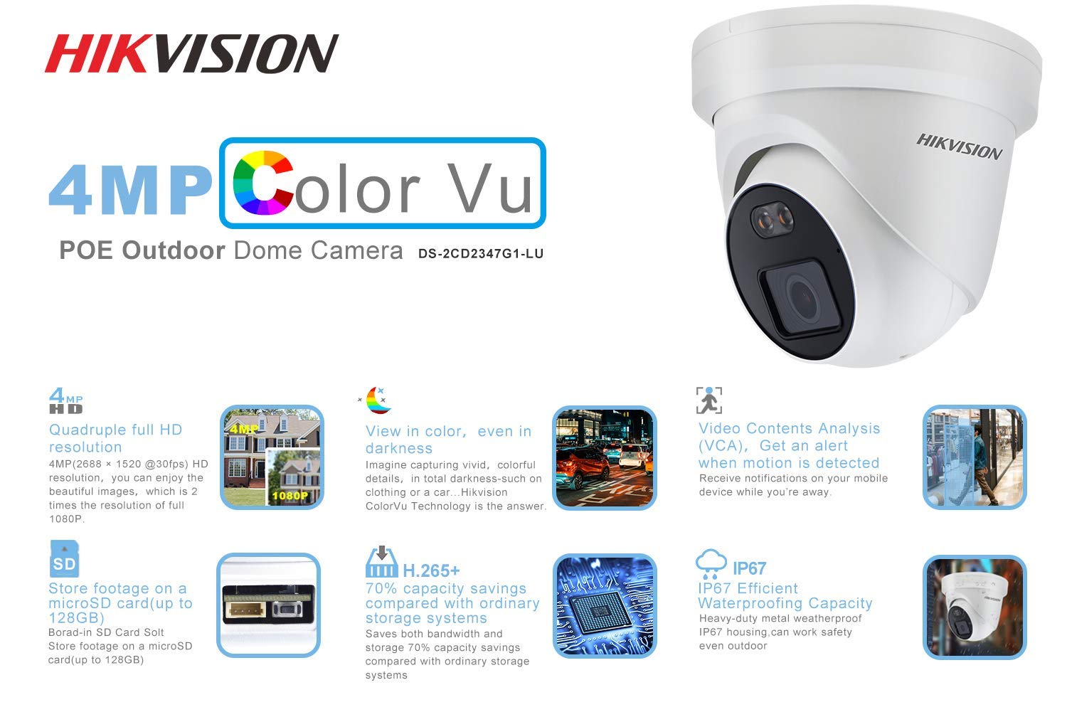 Hikvision IP Camera DS-2CD2347G2-LU 4mm Lens IP Camera,PoE Camera Outdoor Indoor Fixed Turret Network Camera,Micro SD Card Slot Built-in mic H.265+ Waterproof English Version International