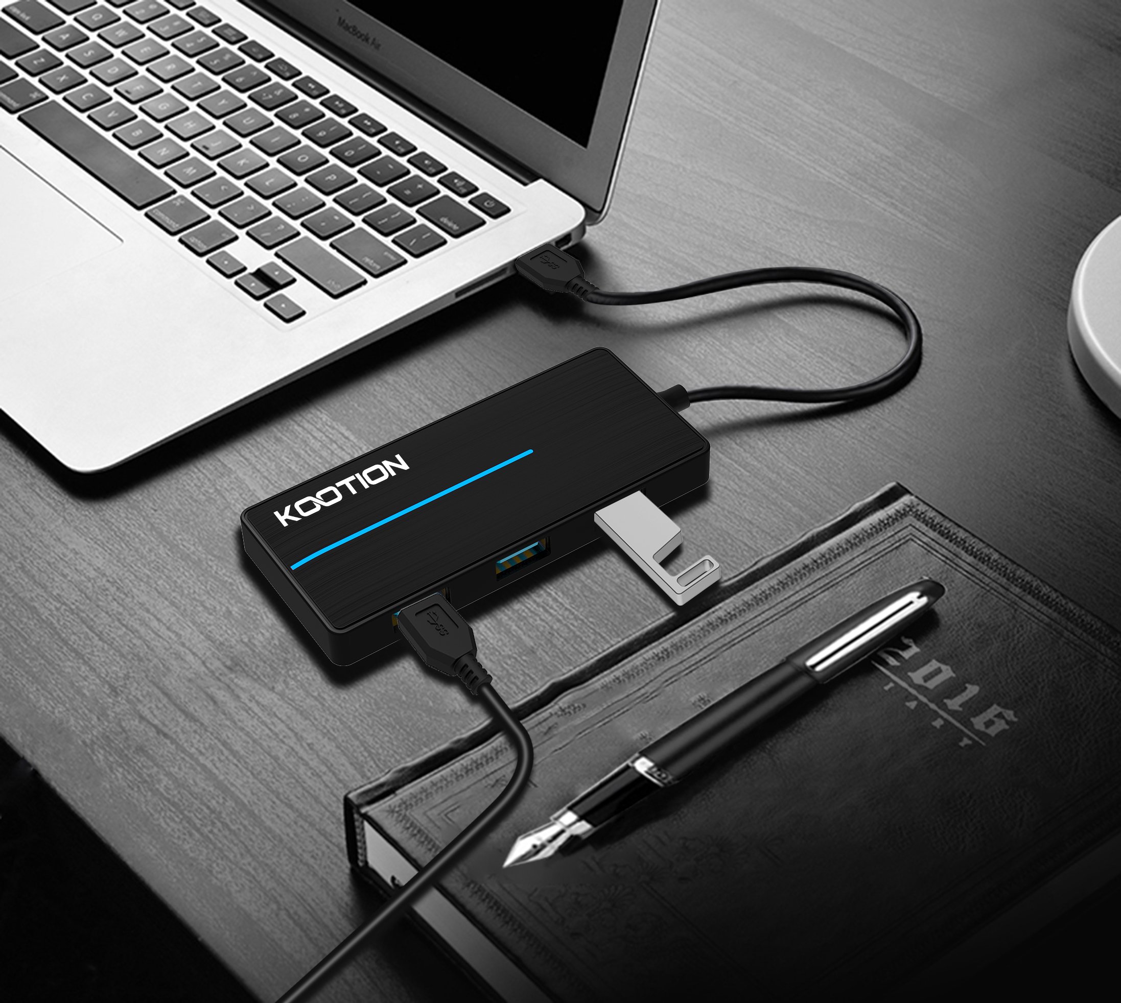 KOOTION 4-Port USB 3.0 Hub, Ultra-Slim Data Hub (5Gbps Transfer Speed) with LED Indicator for MacBook, Windows PC, Surface, Mobile HDD, Ultrabook, Flash Drive, Laptop (Black)