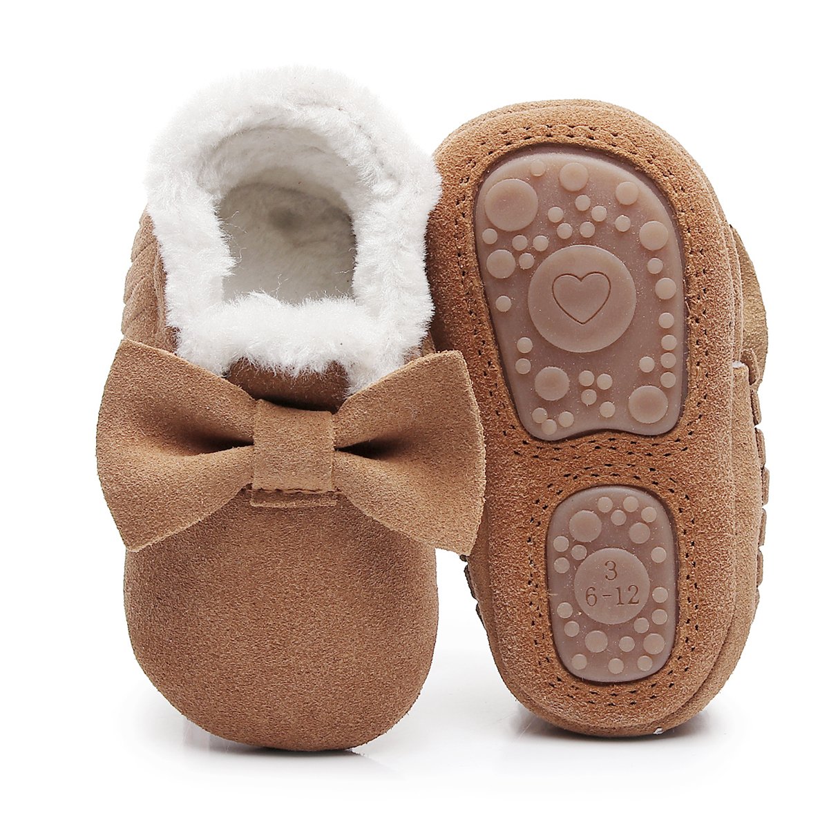HONGTEYA Baby Moccasins with Fur Fleece Rubber Soles Warm Snow Boots Leather Baby Shoes for Boys Girls (6-12m/4.92", Bow-Brown)