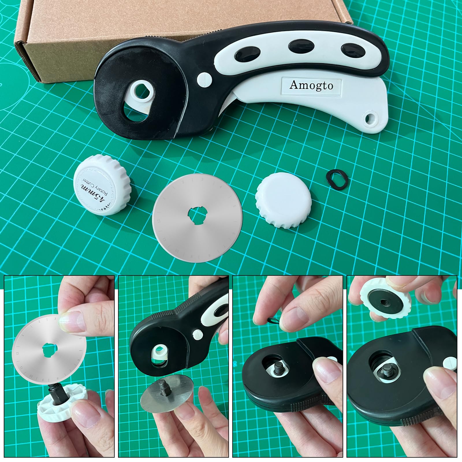 Amogto Rotary Cutter for Fabric, 45mm Fabric Cutter with 7pcs Rotary Cutter Blades, Ergonomic Quilting Supplies Tool for Leather, Crafting, Sewing, Quilting, Fabric Cutter Wheel for Left & Right Hand