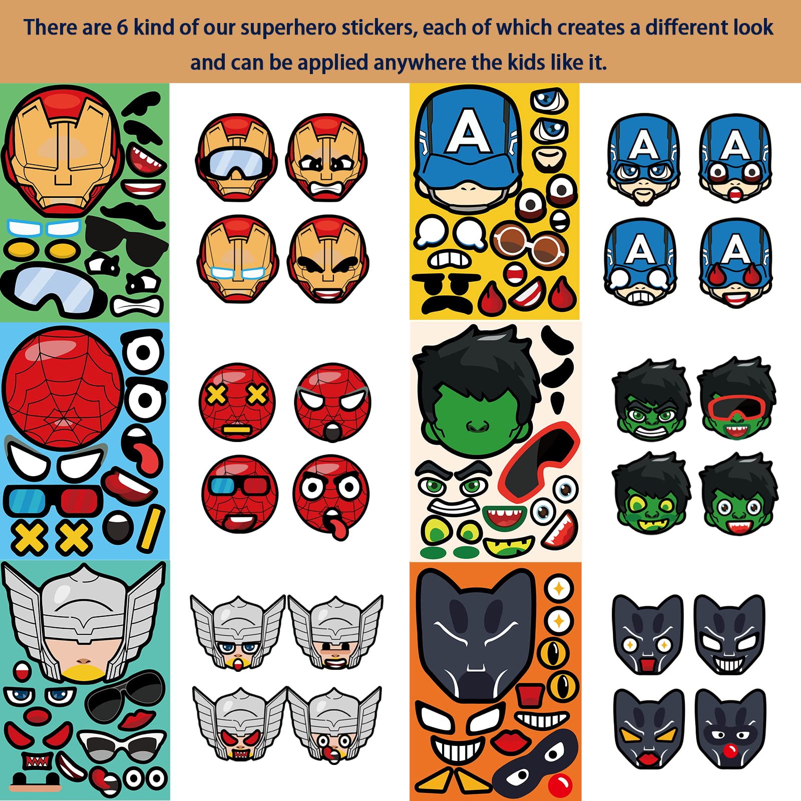 Calofun Superhero Stickers Book for Kids Crafts-24 Sheets of Waterproof Sticker Make a Face DIY Boys Toys Gift for Laptops ,Wall ,Water Bo