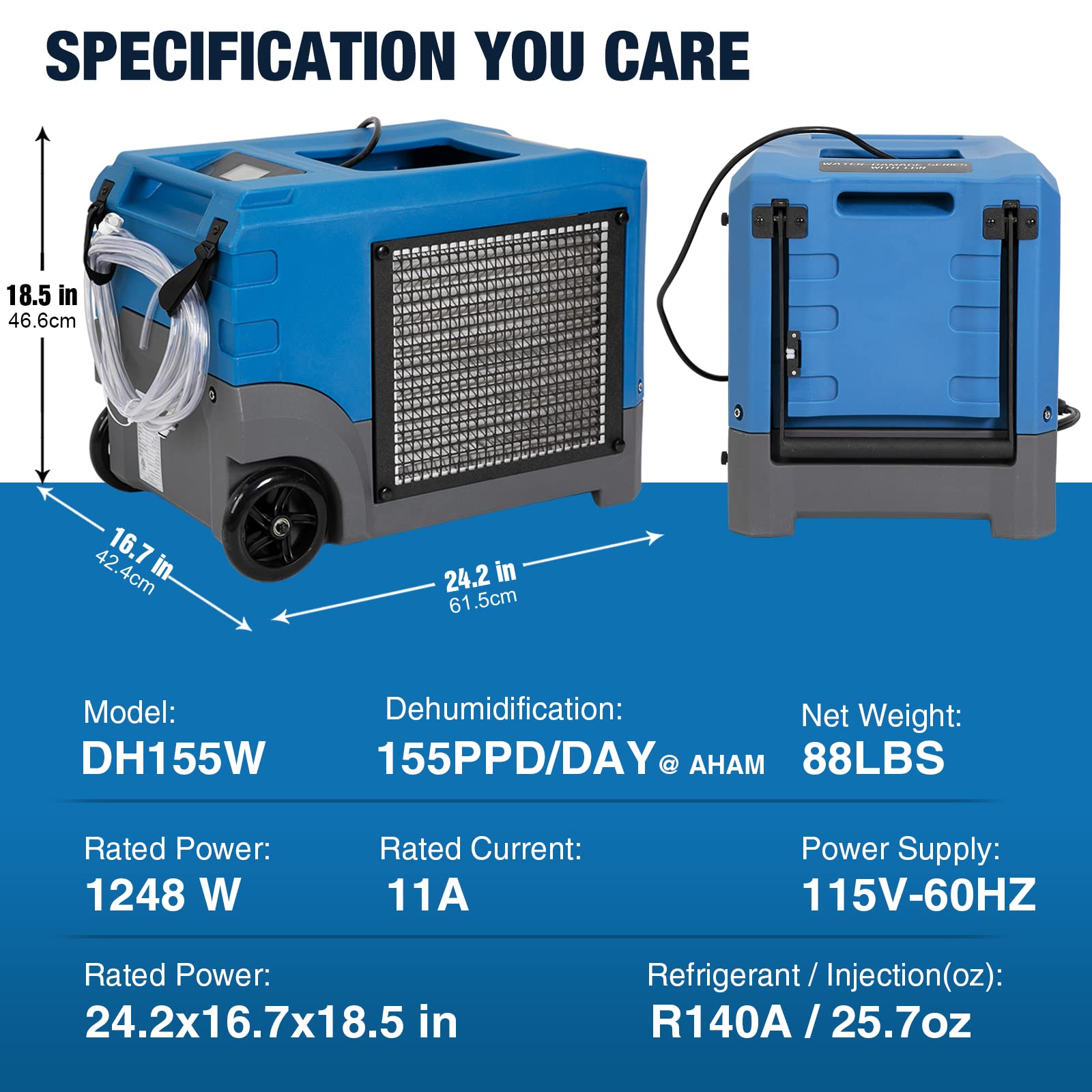 Mounto MOUNTO 268Pints LGR Commercial Compact Dehumidifier with Pump and Drain Hose, LGR Portable Dehumidifier with wheels for Home, Basements, Garages, and Job Sites