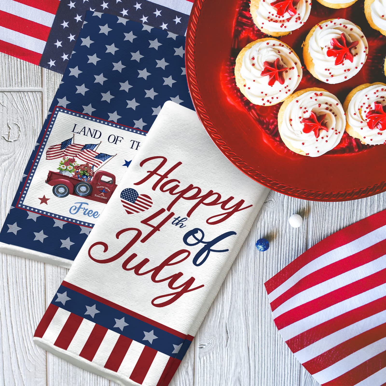 AnyDesign Patriotic Kitchen Dish Towel 18 x 28 4th of July Stars Stripes Dishcloth American Flag Decorative Hand Drying Tea Towel for Independence Day Memorial Day Cooking Baking, 4Pcs