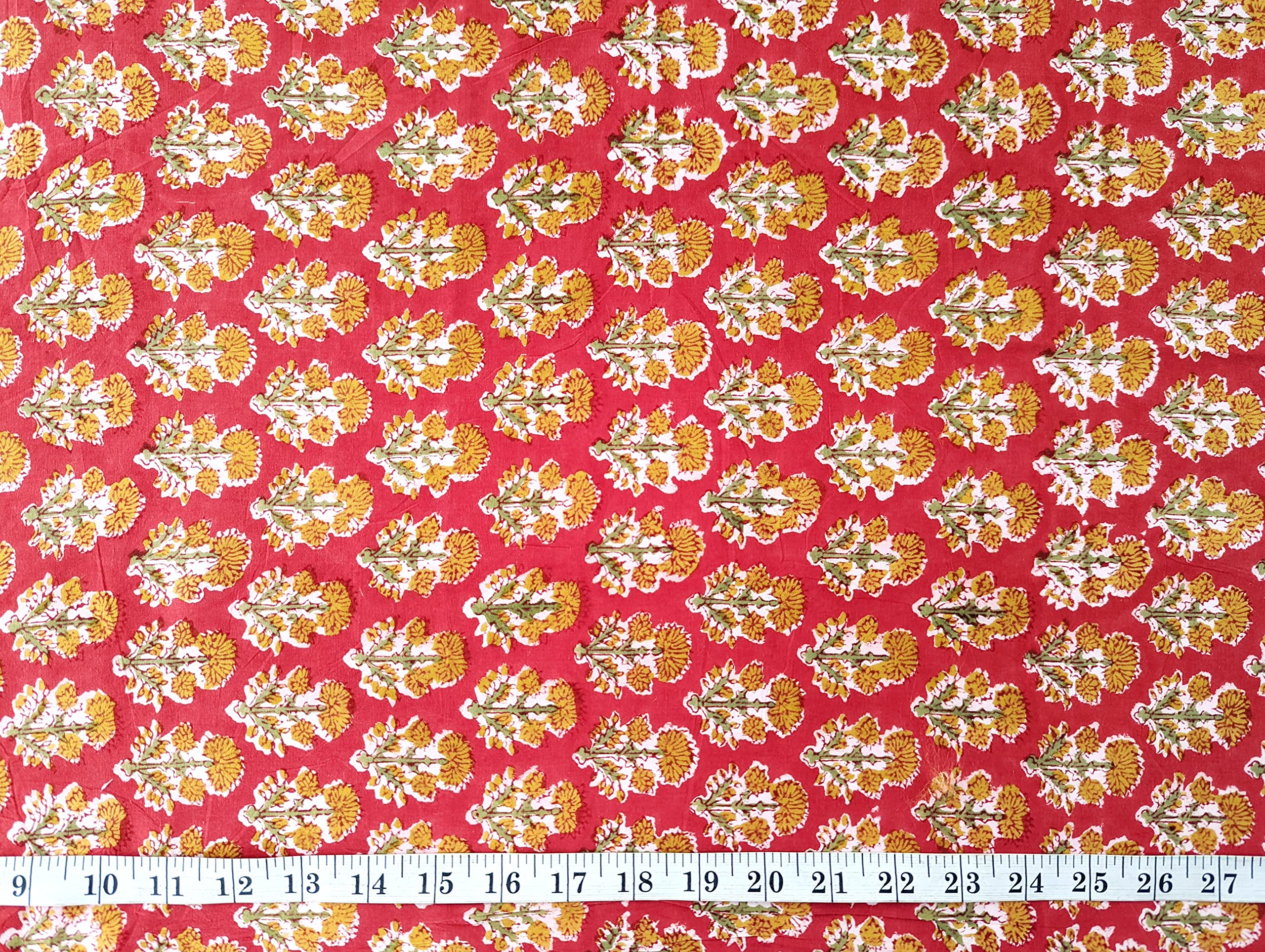 AVKA Studio Hand Block Print Fabric by The Yard - PRECUT 1 Yard 42 Inch Width - 100% Cotton Material - Red Floral Pattern - Light Weight Indian Cloth for Making Summer Dress Tops Indian Fabric etc
