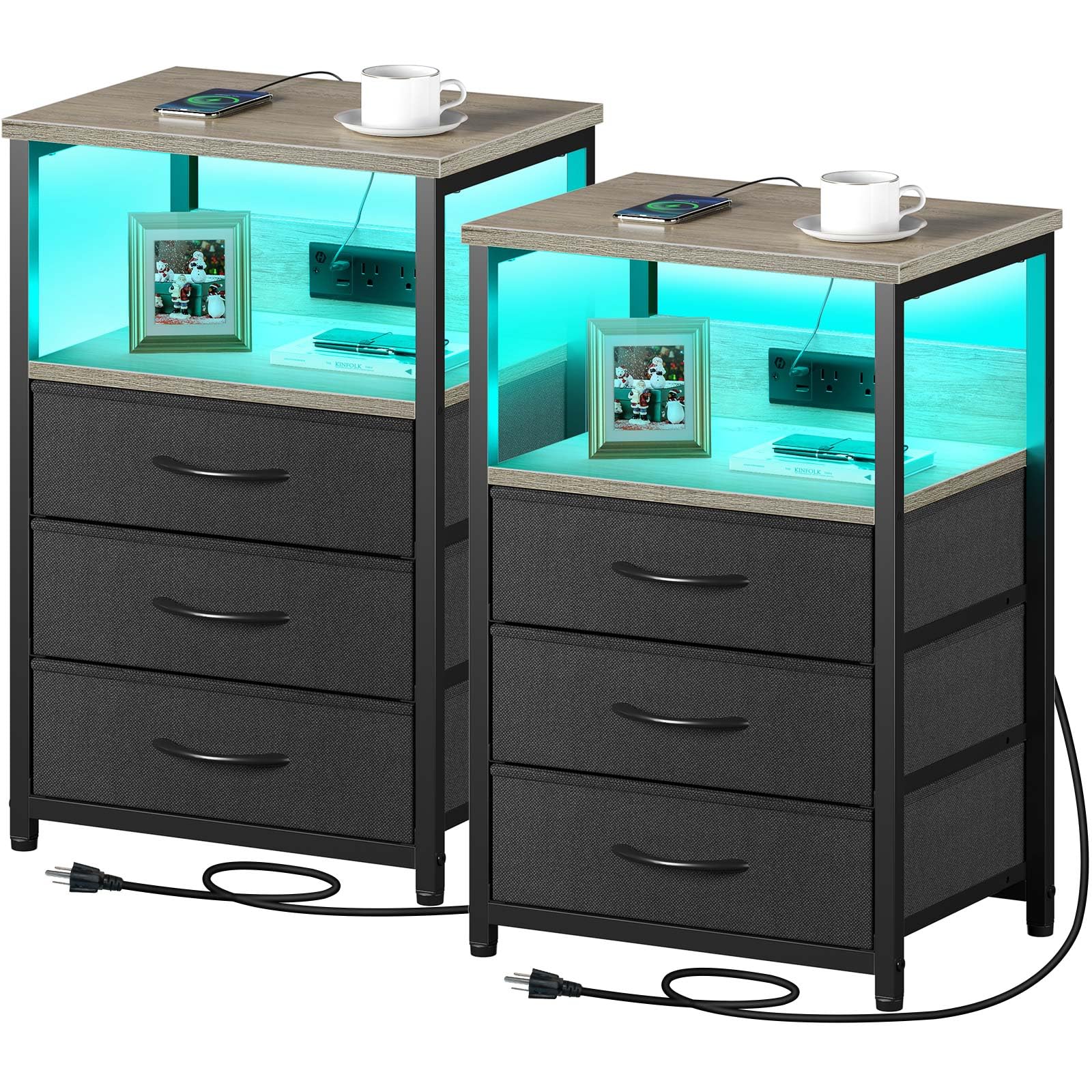 Seventable Nightstand with Charging Station and LED Light, Set of 2 Side Table with 3 Fabric Drawers, Bedside End Table with USB Ports and Outlets, Night Stand for Bedroom, Greige