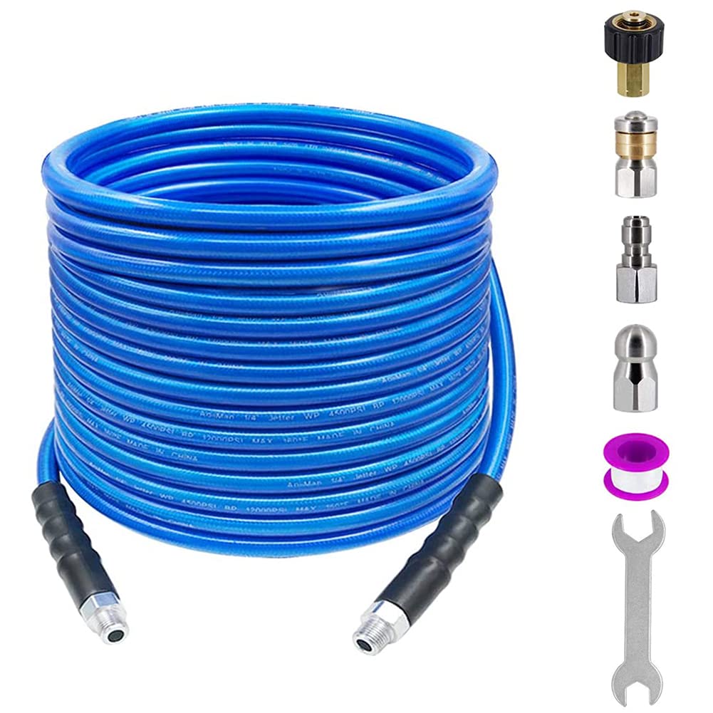 AgiiMan Pressure Washer Sewer Jetter Kit - 4000 PSI 1/4 inch NPT, Hydro Drain Jetter Cleaner Hose, Rotating Sewer Jetting Nozzle with wrench, Orifice 4.0, 4.5, 50 FT