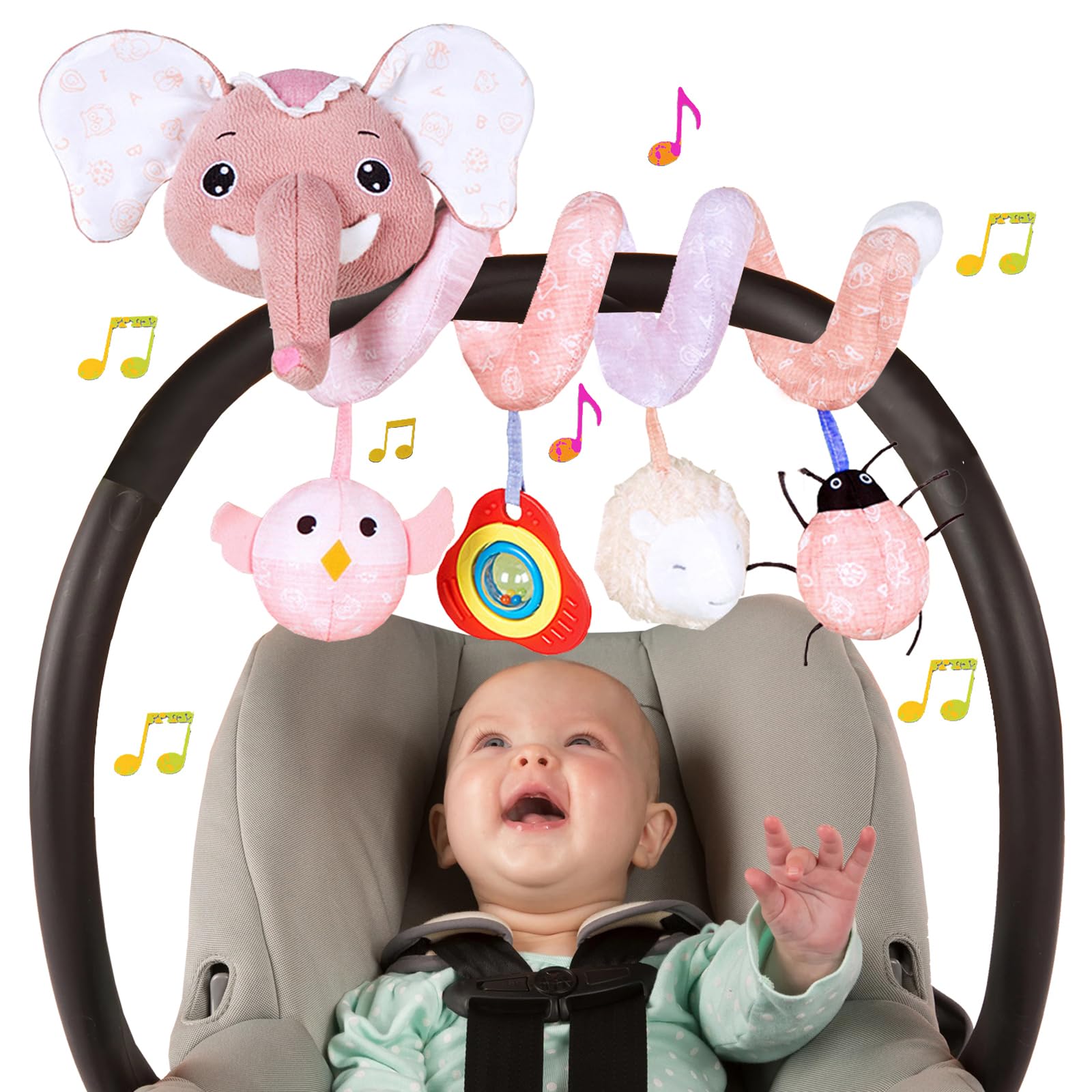 Car Seat Toys for Babies 0-6 Months, Infant Spiral Activity Toys Baby Gril Car Seat Toys 6-12 Months Hanging Stroller Toys for Baby Girls 0-6 Months with Musical Owl Rattle Sheep - Pink Elephant