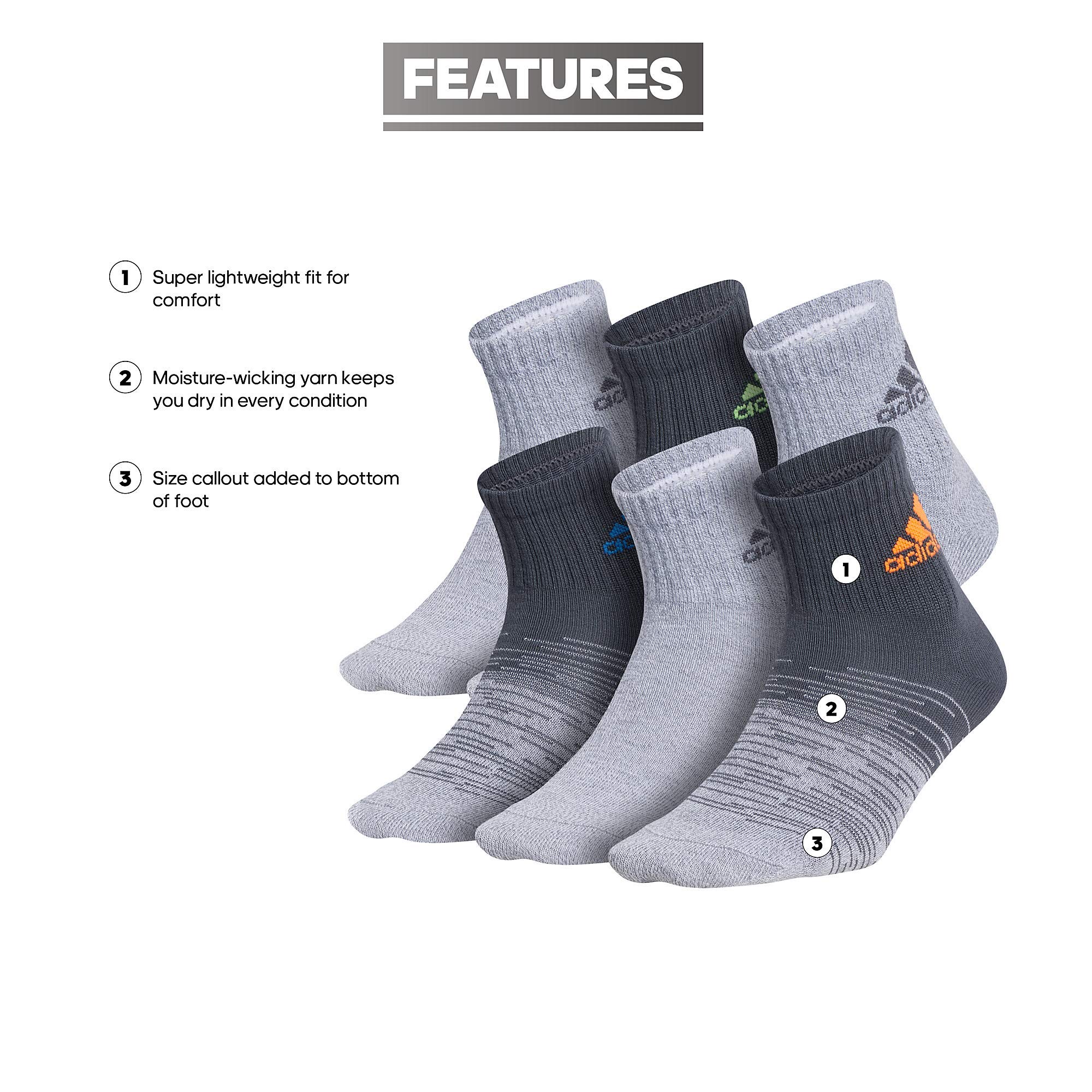 adidas Kids-Boys/Girls Superlite Quarter Socks (6-Pair), Onix Grey/Grey/Signal Orange, Large