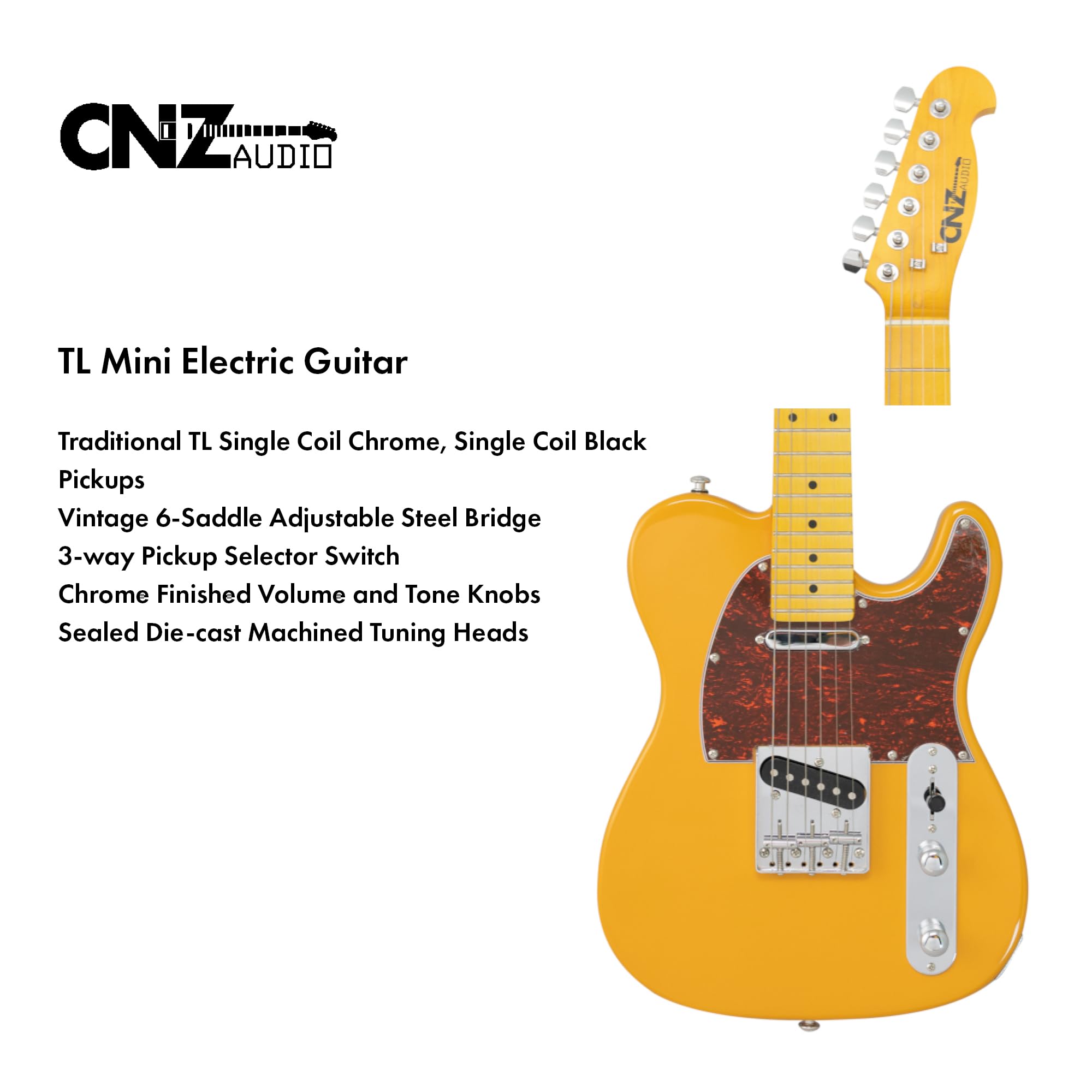 CNZ Audio TL Mini Electric Guitar - Butterscotch Blonde Finish, Tortoise Pickguard, 3/4 Short Scale, 7/8 size Guitar, 2 Single Coil Pickups, C Shaped Maple Neck, Classic Look & Feel