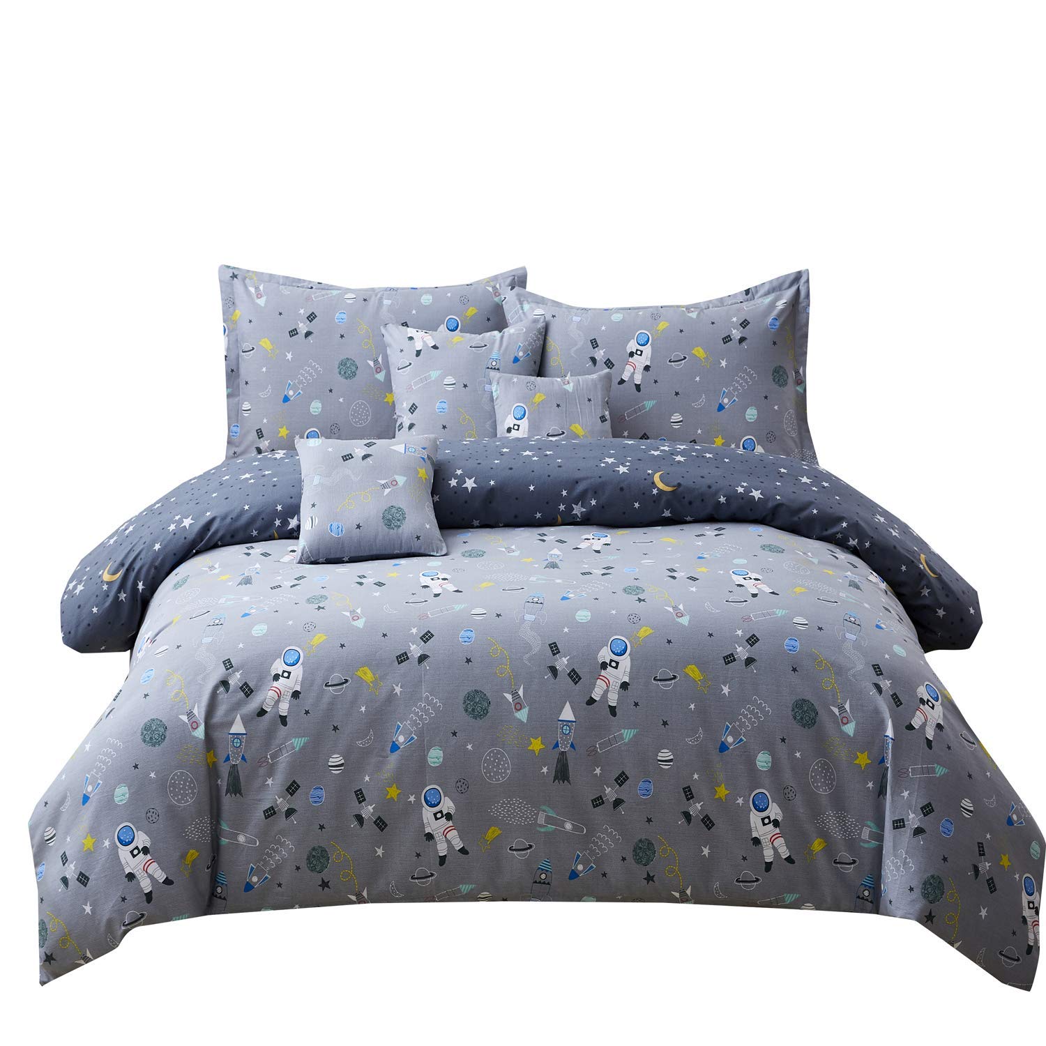 Brandream Boys Space Bedding Kids Bedding Sets Full Size Grey Astronaut 100% Cotton Duvet Cover Sets Reversible Zipper Closure(No Comforter Included)