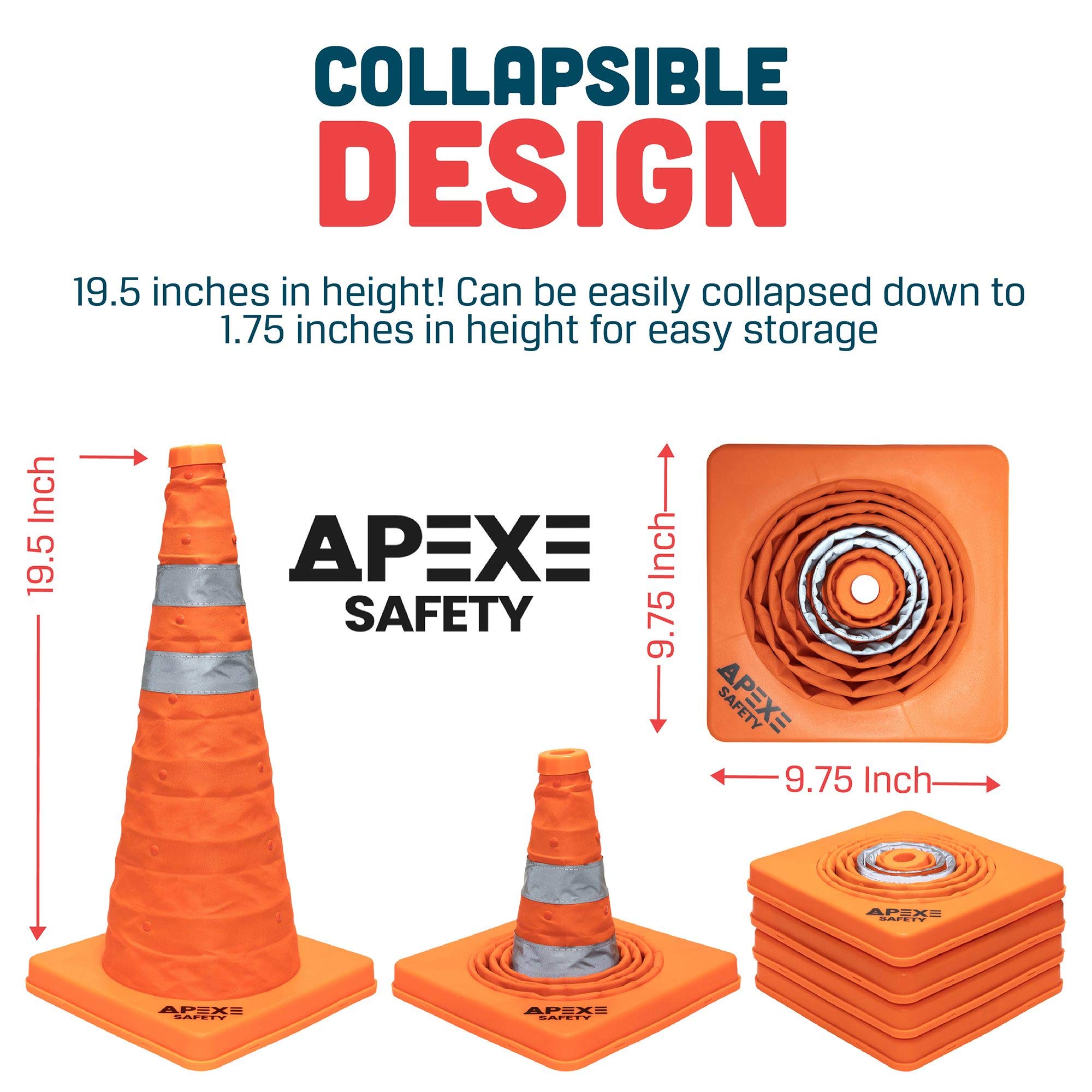 APEXE SAFETY Collapsible Traffic Cones, 19.5 Inch Pop Up Orange Cones, Construction Cones with 2 High-Intensity Grade Reflective Stripes, Waterproof Safety Cones with Durable Carrying Bag (4 Pack)