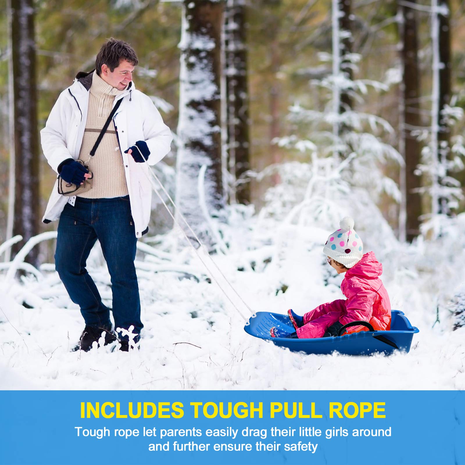 AGPTEK 31 Inch Winter Outdoor Toboggan Snow Sled Downhill Snow Board for Boys Girls, with Brakes & Pulling Rope,Blue