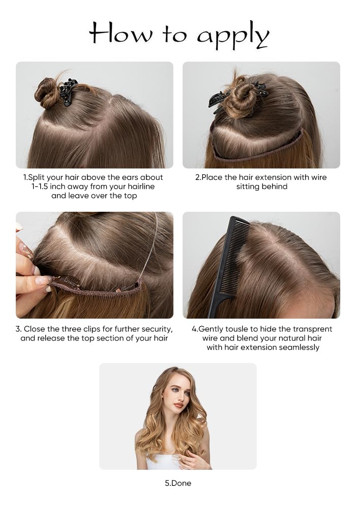 SARLA Invisible Wire Hair Extensions with 3 Clips Long Synthetic Wavy Curly Hairpiece Adjustable Transparent Headband for Women 18 Inch Ash Medium Brown/Ash Blonde Highlights
