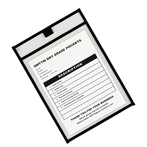 SMTTW Dry Erase Pockets Sleeves Black Reusable Clear Plastic Sleeves 24 Pack Dry Erase Sleeves 10" x 14"Heavy Duty Dry Erase Sleeves Protectors Oversized Board Worksheet Protector