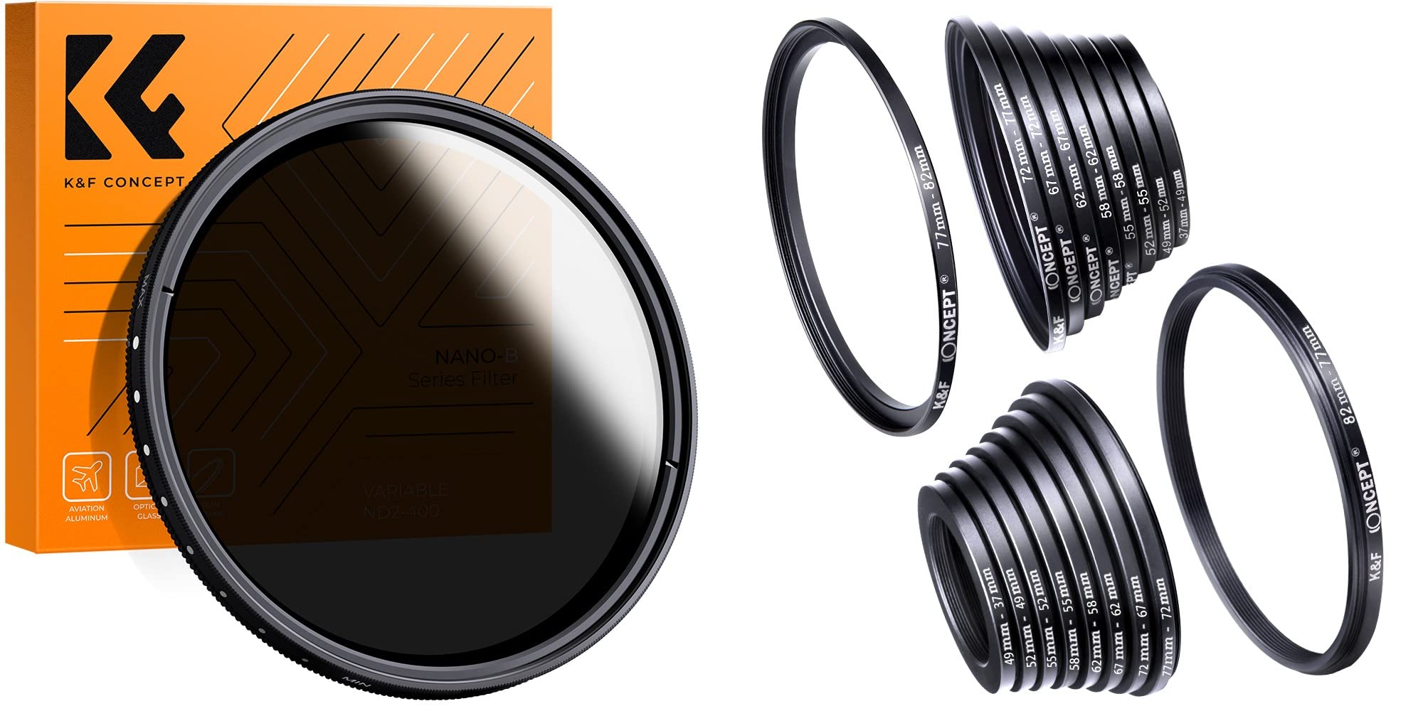82mm Variable ND2-400 Lens Filter & 18 Pcs Filter Adapter Rings, 1-9 Stops Adjustable Neutral Density Filter and Filter Up & Down Filter Adapter Ring Kit