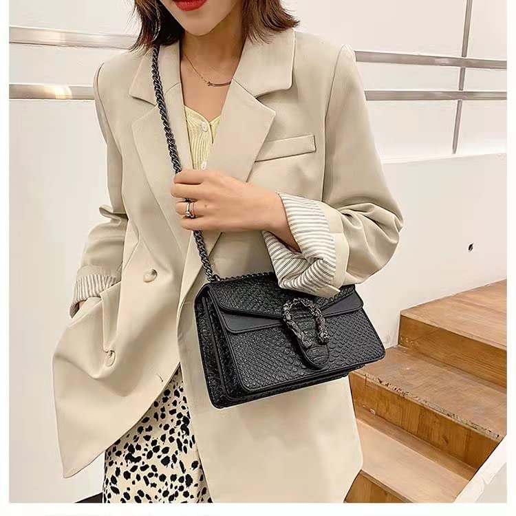 JBB Women's Crossbody Shoulder Bag Retro Snakeskin Solid Color Chain Strap Clutch Leather Bag Black