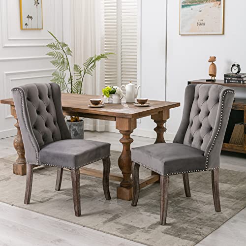 Dining Chairs Set of 2, Velvet Upholstered Wingback Dining Chair with Button Tufted Decoration, Nailhead Trim and Wooden Legs, Dining Kitchen Vintage Style Side Chair