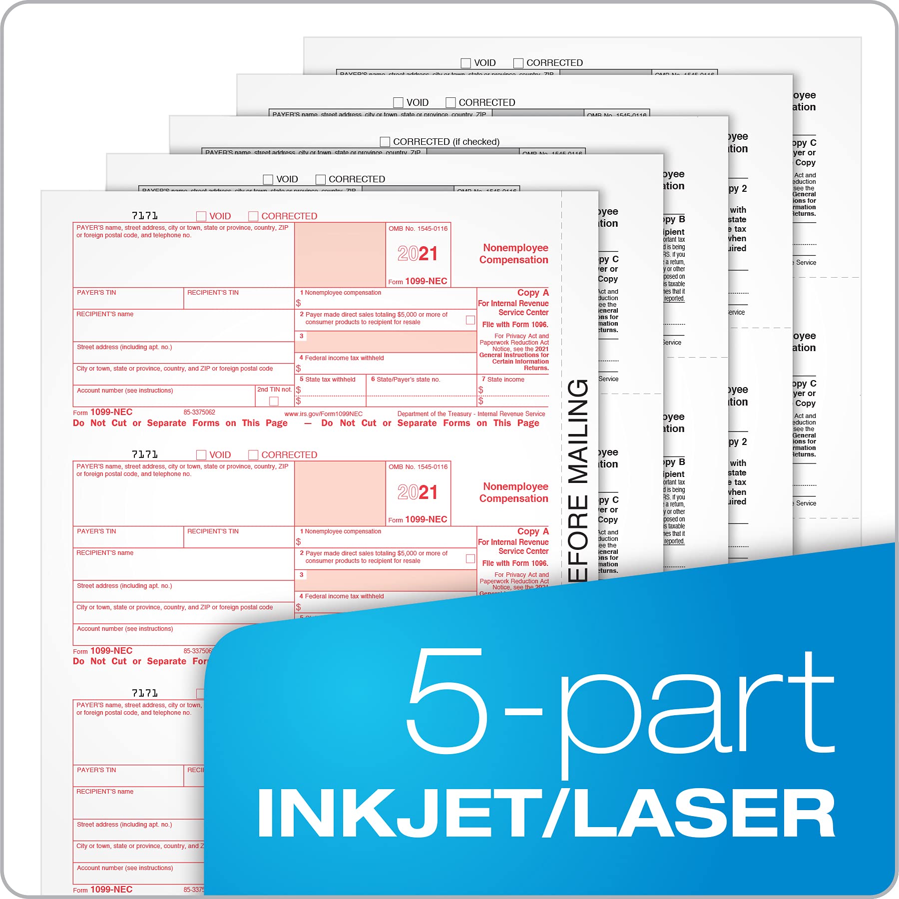 Adams 1099 NEC Forms 2021, Tax Kit for 12 Recipients, 5 Part Laser 1099 Forms, 3 1096, Self Seal Envelopes & Tax Forms Helper Online (TXA12521-NEC)