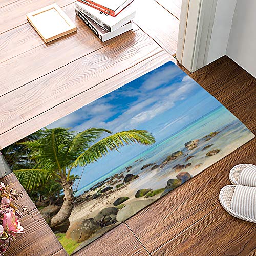 Bathroom Mat Palm Tree Beach Sea Cloud Blue Sky Island Reef Stone Low-Profile Indoor Welcome Mat Non Slip Entrance Door Rug for Entry,Front Door,16"x24"