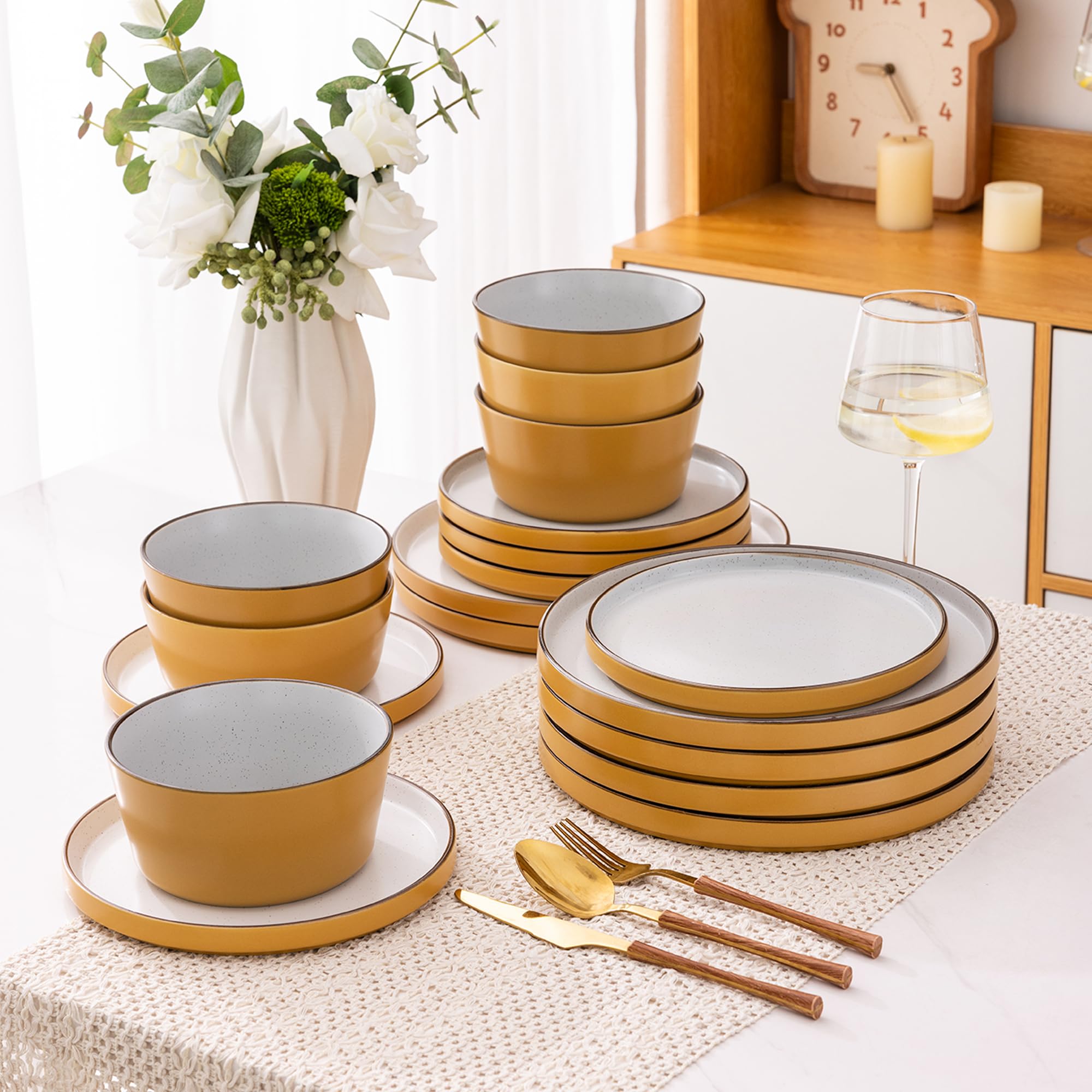AmorArc Dinnerware Sets of 4, Modern Stoneware Plates and Bowls Sets,Chip and Crack Resistant | Dishwasher & Microwave Safe Ceramic Dishes Set,Service for 4 (12pc)-Speckled & Matte Yellow