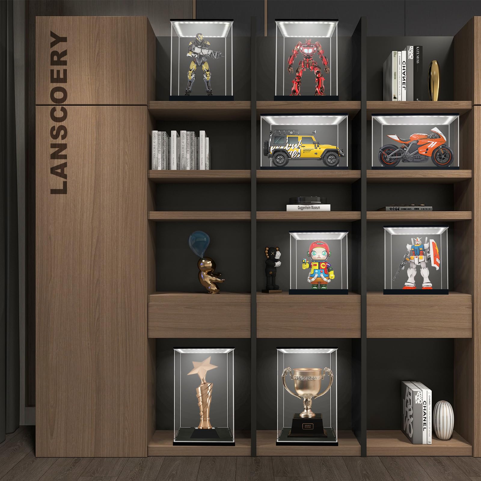 LANSCOERY Clear Acrylic Display Case with LED Light, Showcase and Display Box, Dustproof with UV Protection, Perfect for Figures Collectibles - 7.1x5.5x7.9inch