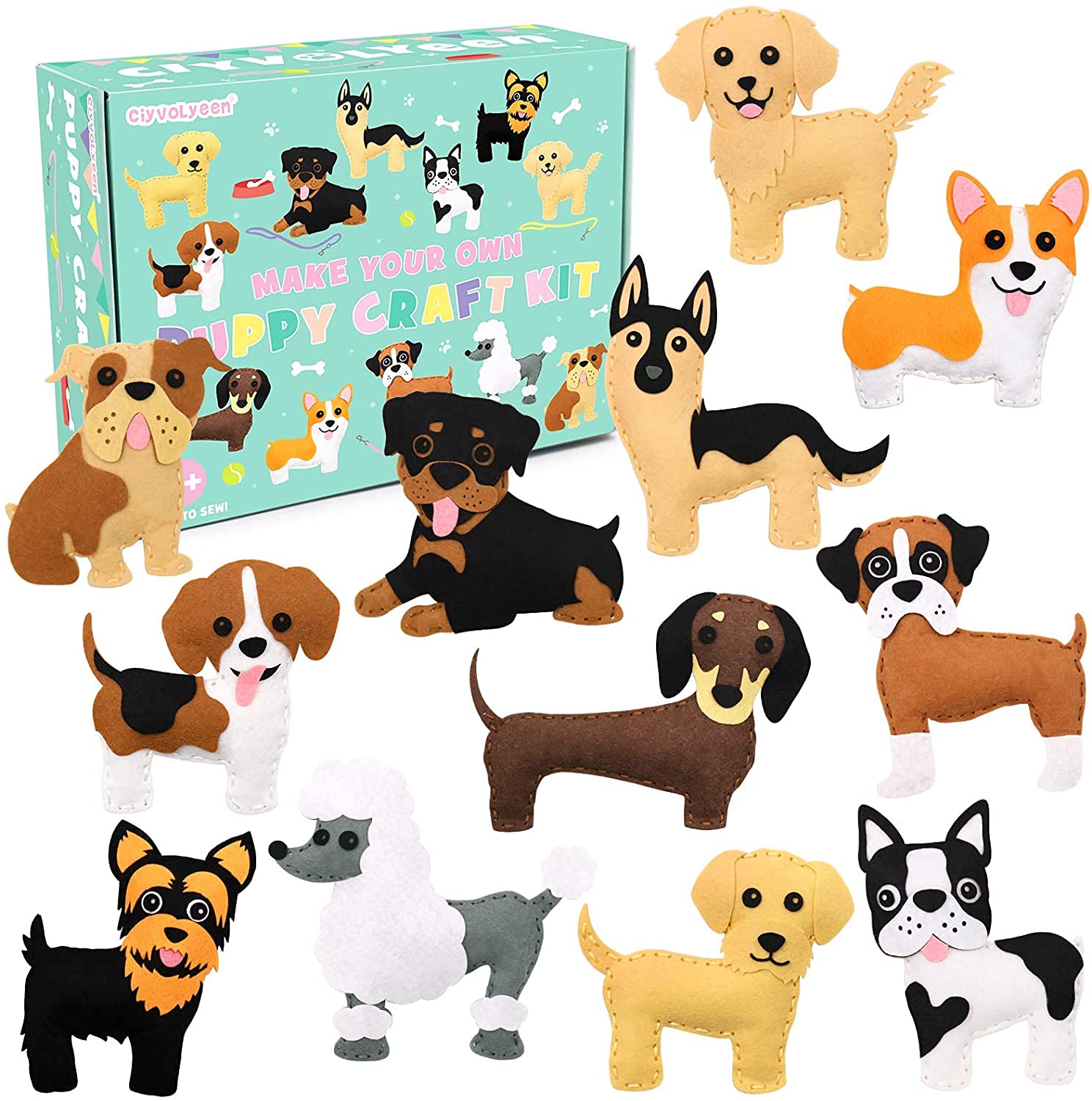 CiyvoLyeen 2 Pack Animals Sewing Craft Kit for Kids- Woodland Animals Felt Sewing Craft Kit & Puppy Craft Kit for Beginners