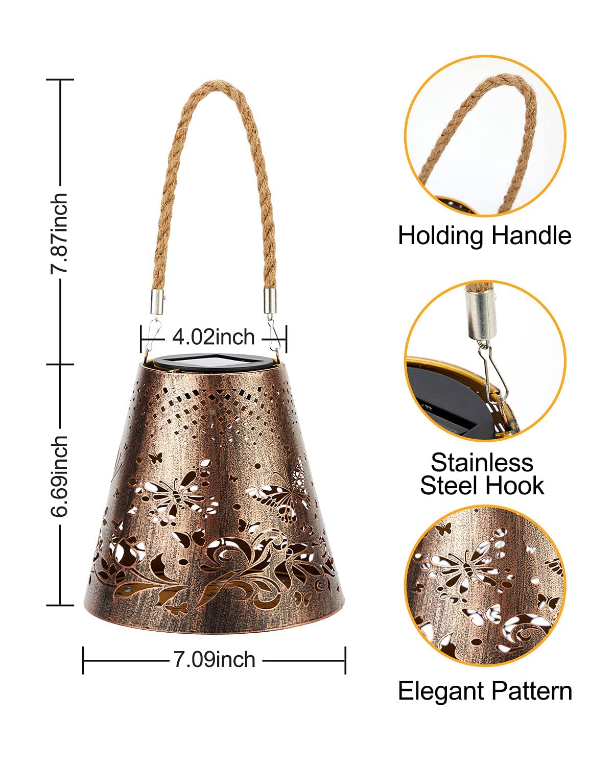 Birodeko Solar Lantern Outdoor Garden - Waterproof Large Hanging LED Lights, Warm White Retro Landscape Decorative Metal Lanterns for Patio, Yard, Pathway | Bronze, Butterfly