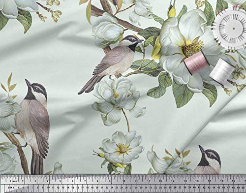Soimoi Green Cotton Canvas Fabric Leaves,White Floral & Bird Print Fabric by The Yard 56 Inch Wide