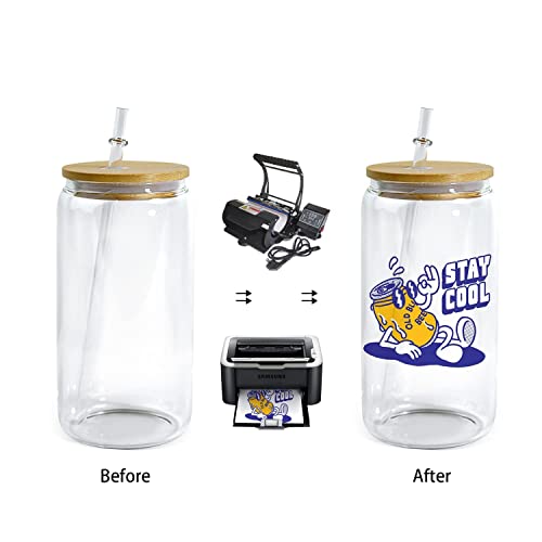 AGH 12 Pack 16oz Clear Sublimation Glass Blanks with Bamboo Lid, Sublimation Glass Cups Transparent Can Shaped Beer Cup with Lid and Straw, Straight Sublimation Tumblers for Iced Coffee Milk Juice