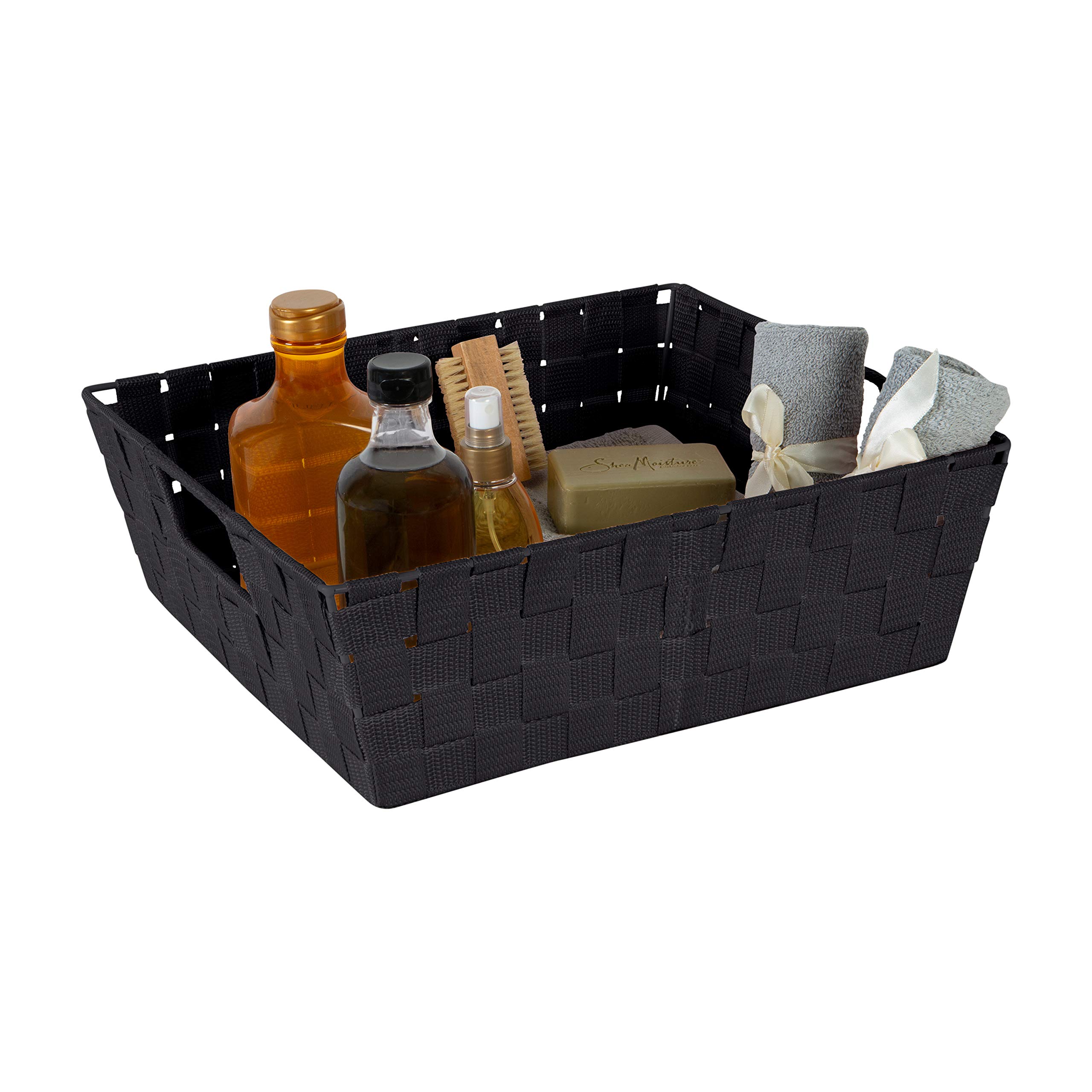 Simplify Large Shelf Woven Strap Tote | Decorative Storage Basket | Built in Handles | Organization | Closet | Bedroom | Bathroom | Nursery | Accessories | Toys | Gifts | 2 Pack | Black