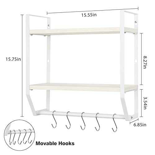 Bathroom Shelf with Towel Bar 2 Tier Wall Mounted Industrial Towel Rack with Shelf 5 Hooks for Bathroom Kitchen Living Room (White)
