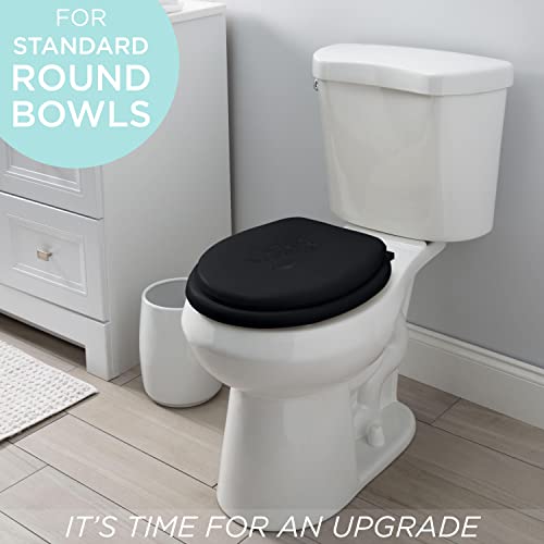 Bath Bliss Extra Soft Standard Round Toilet Seat | Decorative Vinyl Lid | Fits 16.5β Seats | Adjustable Quick Screw Attach Non-Slip Hinges | Bathroom | Black