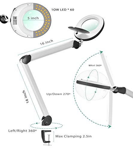 Cosywarm Magnifying Lamp, Upgrade 5 Diopter Glass, Magnifying Glass with Light and Clamp Hands Free, Adjustable Swivel Arm, LED Magnifier Work Lamp for Reading, Hobbies, Workbench.